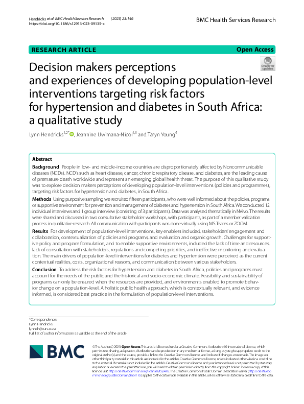 (PDF) Decision makers perceptions and experiences of developing population-level interventions ...