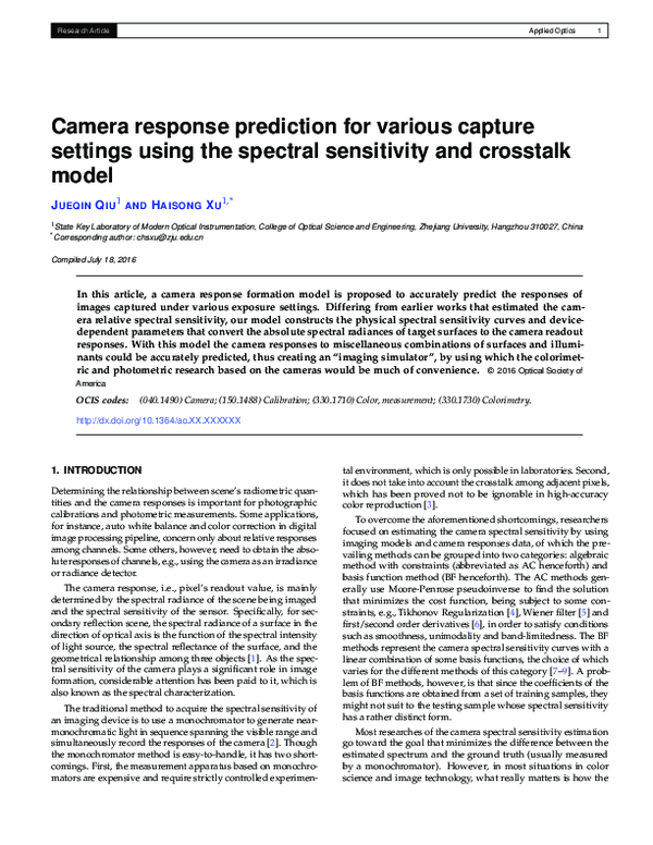 Pdf Camera Response Prediction For Various Capture Settings Using The Spectral Sensitivity And