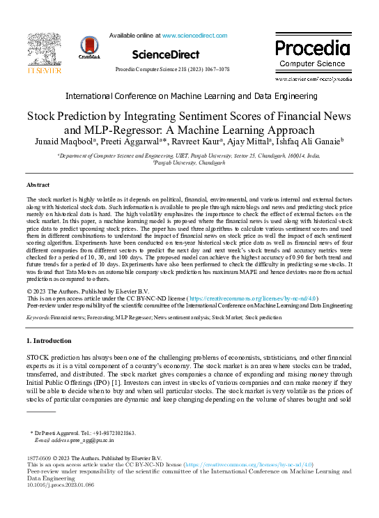 Pdf Stock Prediction By Integrating Sentiment Scores Of Financial News And Mlp Regressor A