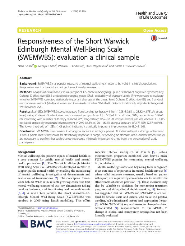 (PDF) Responsiveness of the Short Warwick Edinburgh Mental Well-Being ...