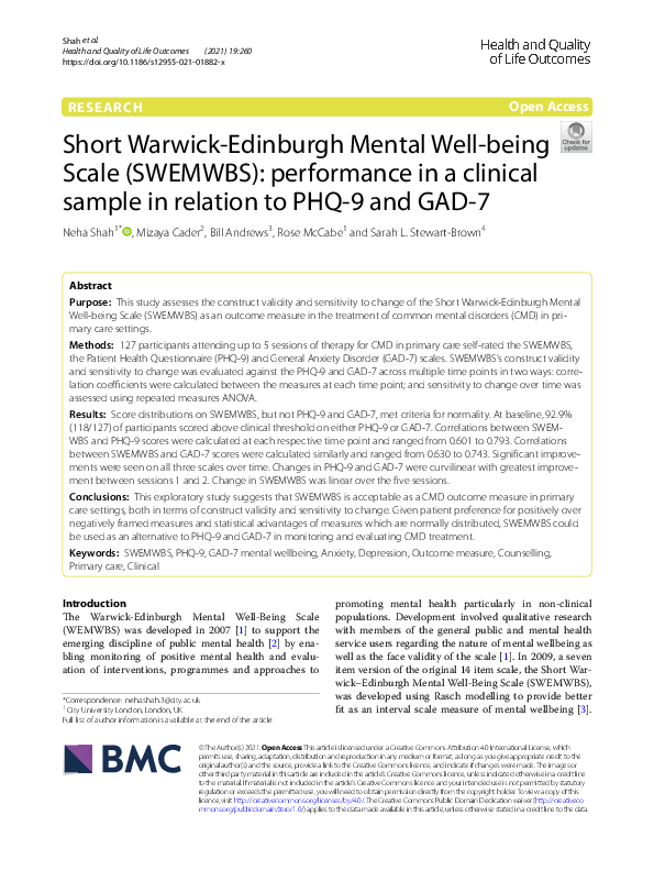 (PDF) Short Warwick-Edinburgh Mental Well-being Scale (SWEMWBS ...