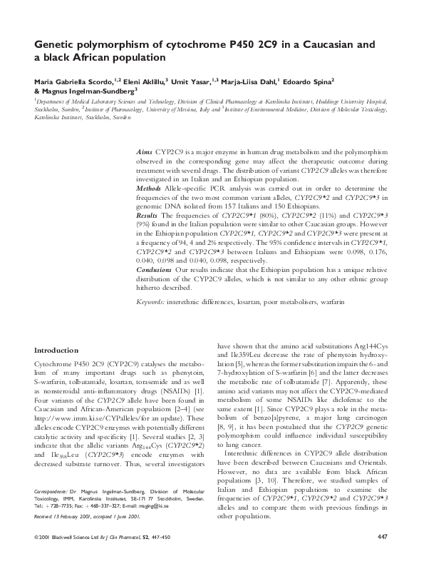 (PDF) Genetic polymorphism of cytochrome P450 2C9 in a Caucasian and a black African population