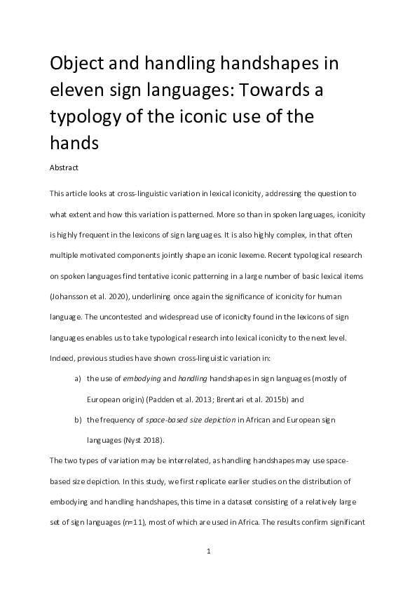 (PDF) Object and handling handshapes in 11 sign languages: towards a ...