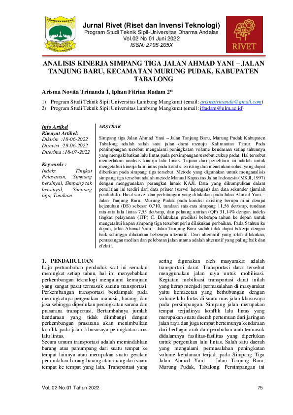 (PDF) Analisis Kinerja Simpang Tiga Jalan Ahmad Yani – Jalan Tanjung ...
