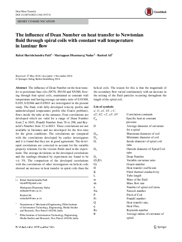 (PDF) The influence of Dean Number on heat transfer to Newtonian fluid ...