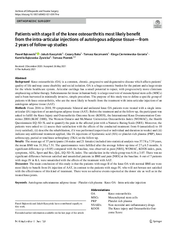 (PDF) Patients with stage II of the knee osteoarthritis most likely benefit from the intra ...