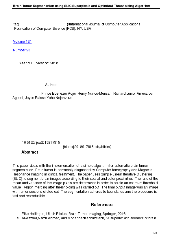 (PDF) Brain Tumor Segmentation using SLIC Superpixels and Optimized Thresholding Algorithm