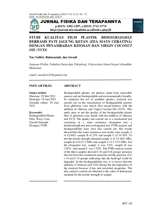 (PDF) Studi Kualitas Film Plastik Biodegradable Berbasis Pati Jagung Ketan (Zea Mays Ceratina ...