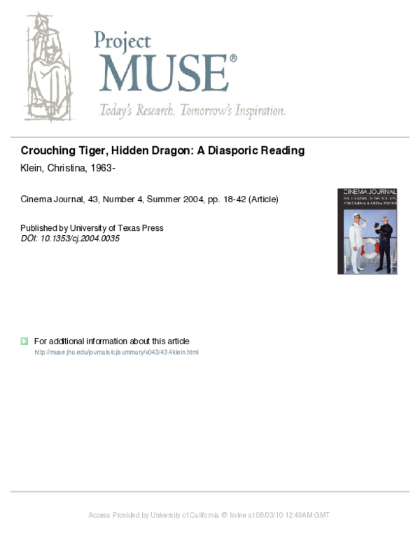 (PDF) Crouching Tiger, Hidden Dragon : A Diasporic Reading