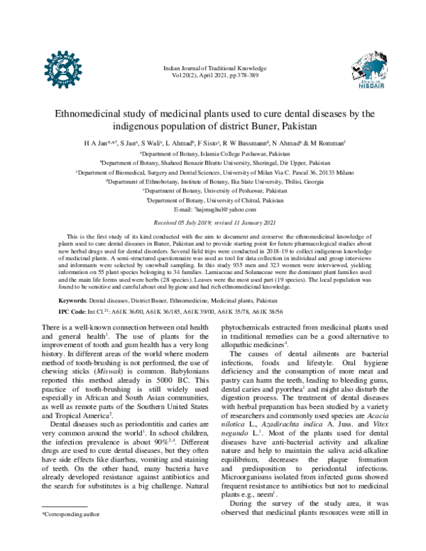 (PDF) Ethnomedicinal study of medicinal plants used to cure dental diseases by the indigenous ...