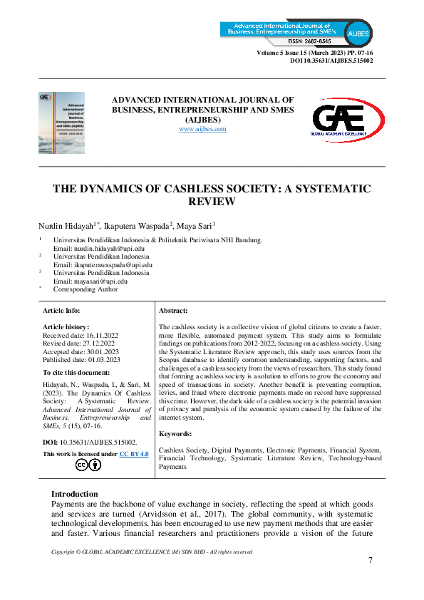 (PDF) THE DYNAMICS OF CASHLESS SOCIETY: A SYSTEMATIC REVIEW
