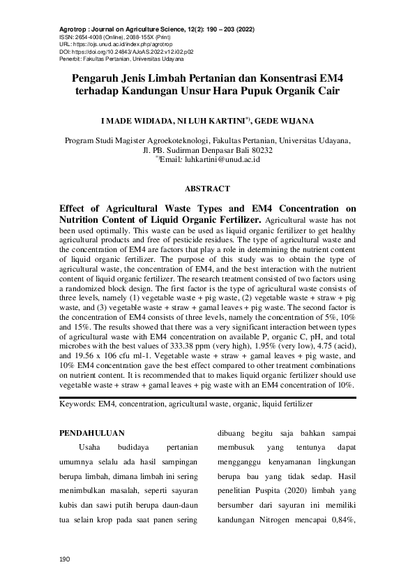(PDF) Pengaruh Jenis Limbah Pertanian dan Konsentrasi EM4 terhadap Kandungan Unsur Hara Pupuk ...