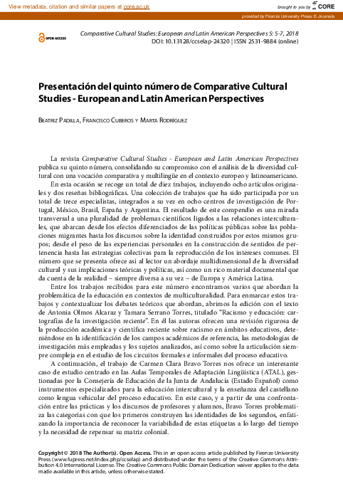 (PDF) Presentación del quinto número de Comparative Cultural Studies ...