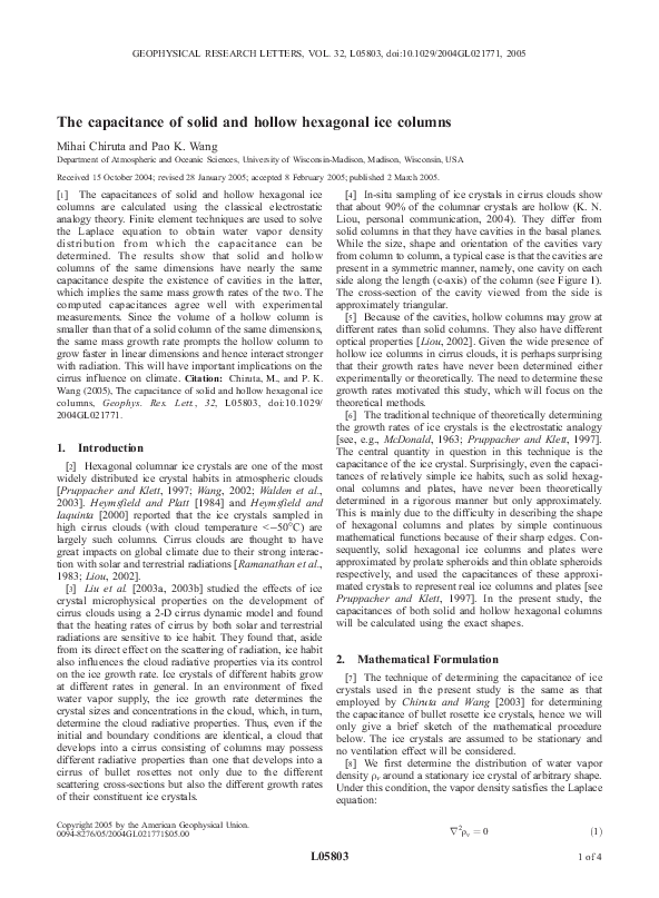 (PDF) The capacitance of solid and hollow hexagonal ice columns
