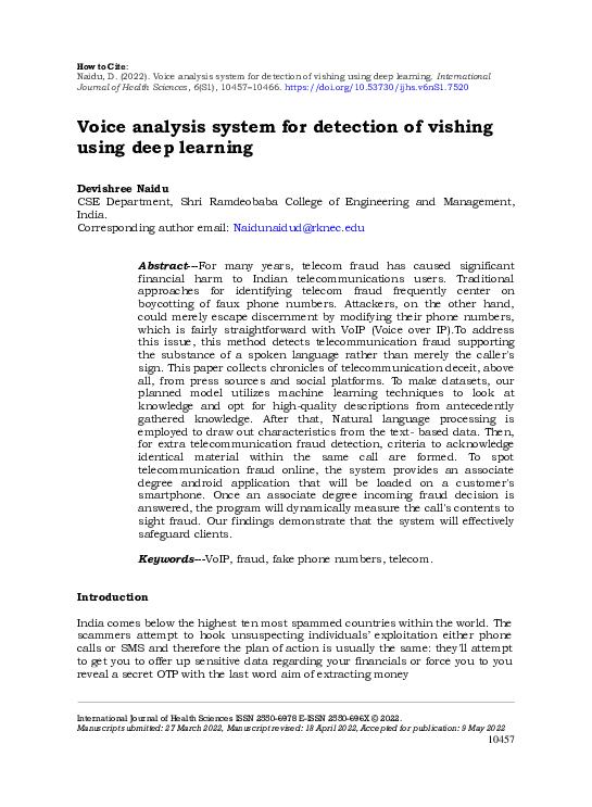 (PDF) Voice analysis system for detection of vishing using deep learning