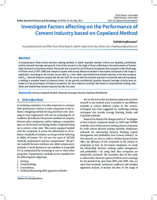 (PDF) Investigate Factors affecting on the Performance of Cement Industry based on Copeland Method