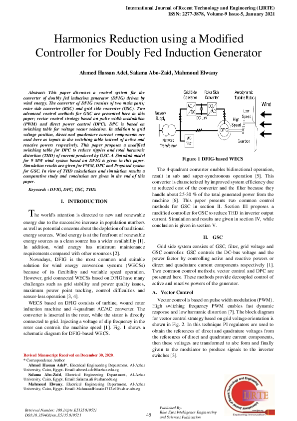(PDF) Harmonics Reduction using a Modified Controller for Doubly Fed Induction Generator