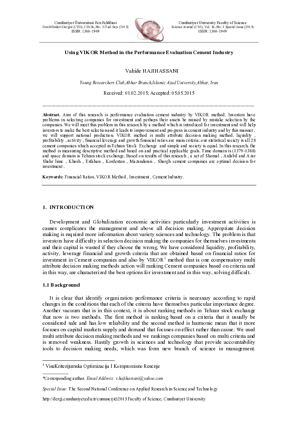 (PDF) Using VIKOR Method in the Performance Evaluation Cement Industry