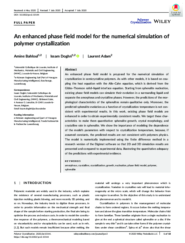 Pdf An Enhanced Phase Field Model For The Numerical Simulation Of Polymer Crystallization
