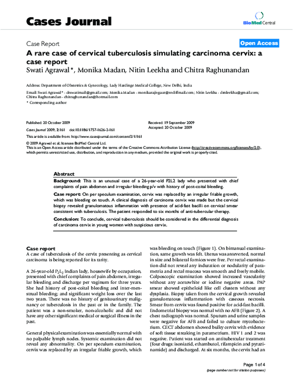 (PDF) A rare case of cervical tuberculosis simulating carcinoma cervix: a case report | sharmila ...