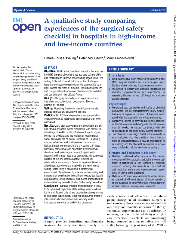 (PDF) A qualitative study comparing experiences of the surgical safety ...