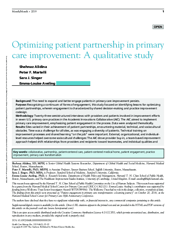 (PDF) Optimizing patient partnership in primary care improvement: A ...