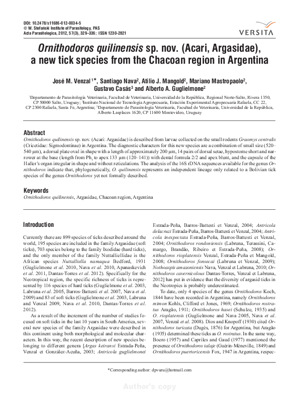 (PDF) Ornithodoros quilinensis sp. nov. (Acari, Argasidae), a new tick ...