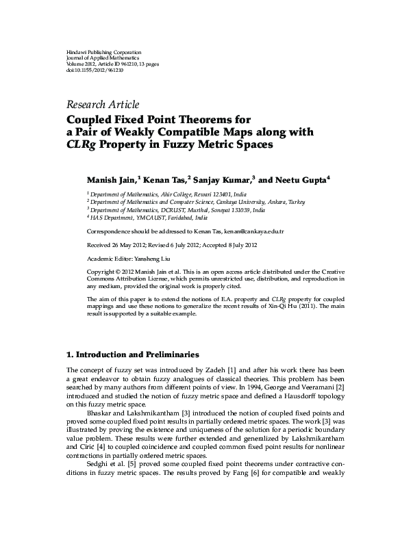 Pdf Coupled Fixed Point Theorems In Fuzzy Spaces