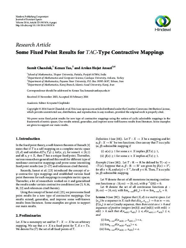Pdf Some Fixed Point Results Fortac Type Contractive Mappings Kenan TaŞ