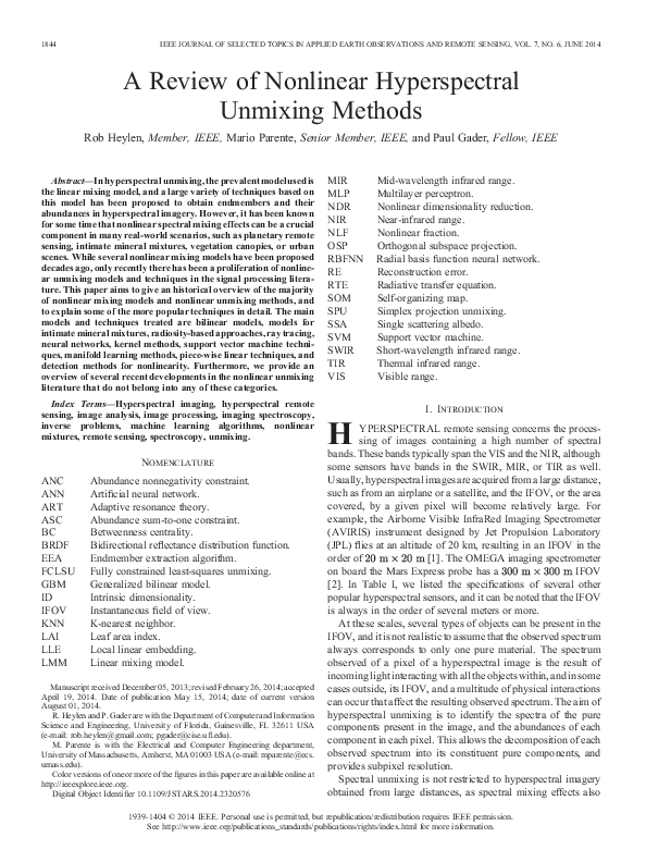 (PDF) A Review of Nonlinear Hyperspectral Unmixing Methods | Mario Parente - Academia.edu