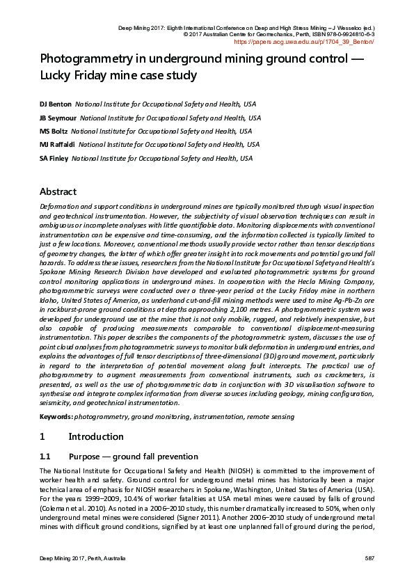 (PDF) Photogrammetry in underground mining ground control — Lucky Friday mine case study | lucky ...