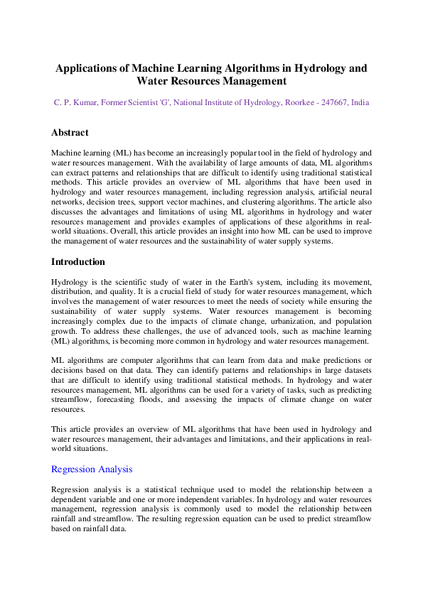(PDF) Applications of Machine Learning Algorithms in Hydrology and ...