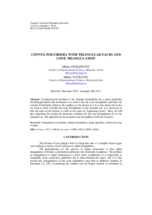 (PDF) Convex polyhedra with triangular faces and cone triangulation