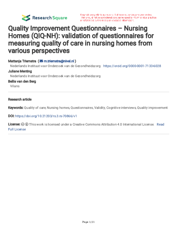 (PDF) Quality Improvement Questionnaires – Nursing Homes (QIQ-NH ...