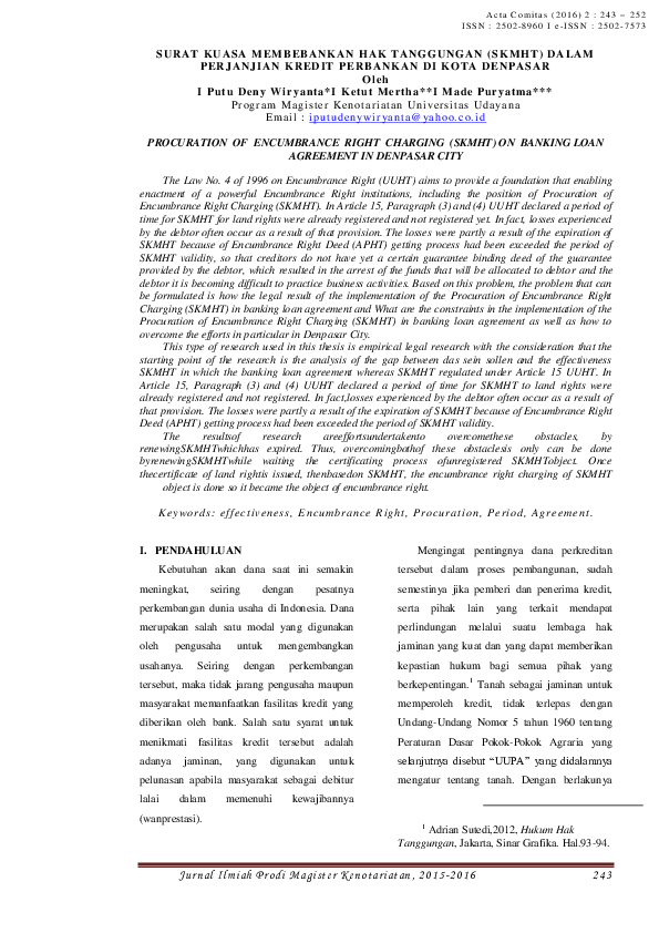 (PDF) Surat Kuasa Membebankan Hak Tanggungan (SKMHT) Dalam Perjanjian ...