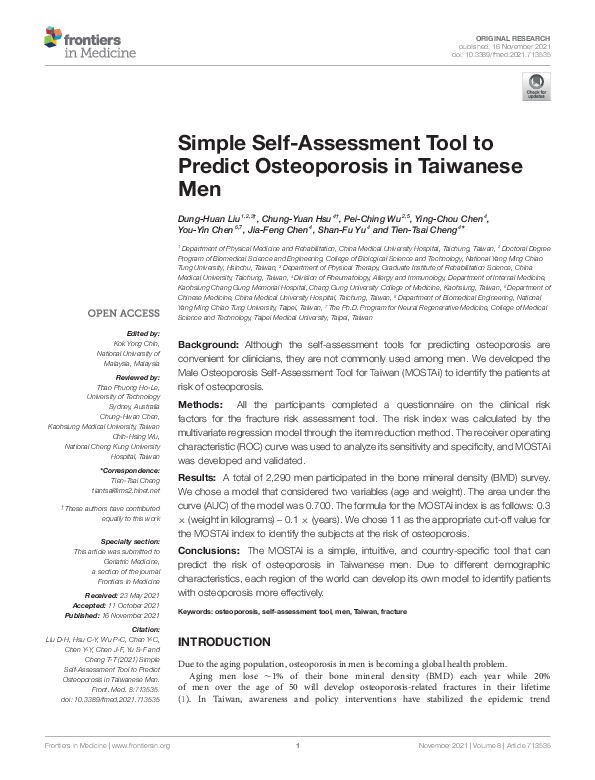 (PDF) Simple Self-Assessment Tool to Predict Osteoporosis in Taiwanese Men