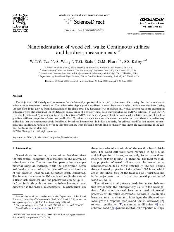 Pdf Nanoindentation Of Wood Cell Walls Continuous Stiffness And
