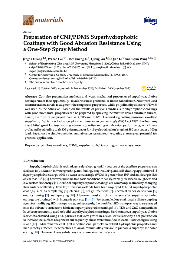 (PDF) Preparation of CNF/PDMS Superhydrophobic Coatings with Good Abrasion Resistance Using a ...