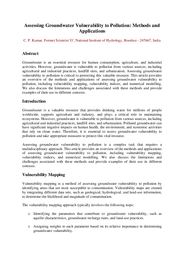 Pdf Assessing Groundwater Vulnerability To Pollution Methods And Applications