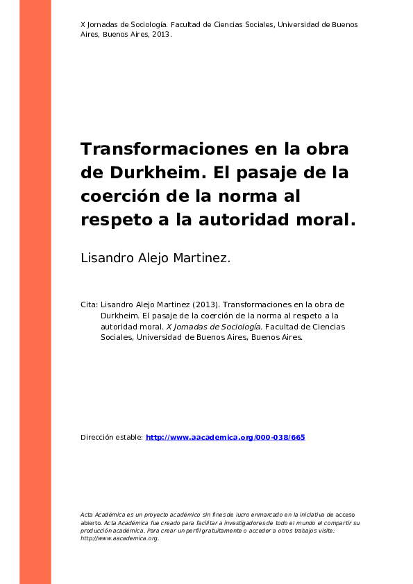 (PDF) Transformaciones en la obra de Durkheim. El pasaje de la coerción ...