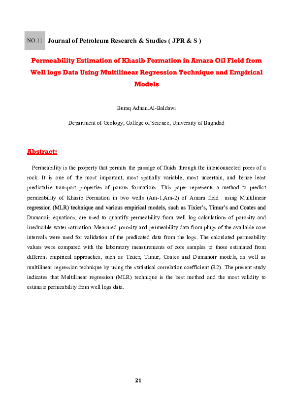 Pdf Permeability Estimation Of Khasib Formation In Amara Oil Field From Well Logs Data Using
