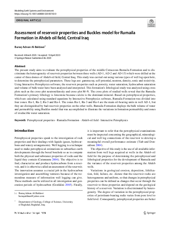 (PDF) Assessment of reservoir properties and Buckles model for Rumaila ...