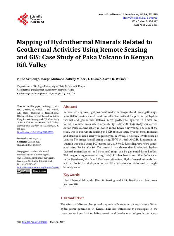 (PDF) Mapping of Hydrothermal Minerals Related to Geothermal Activities Using Remote Sensing and ...