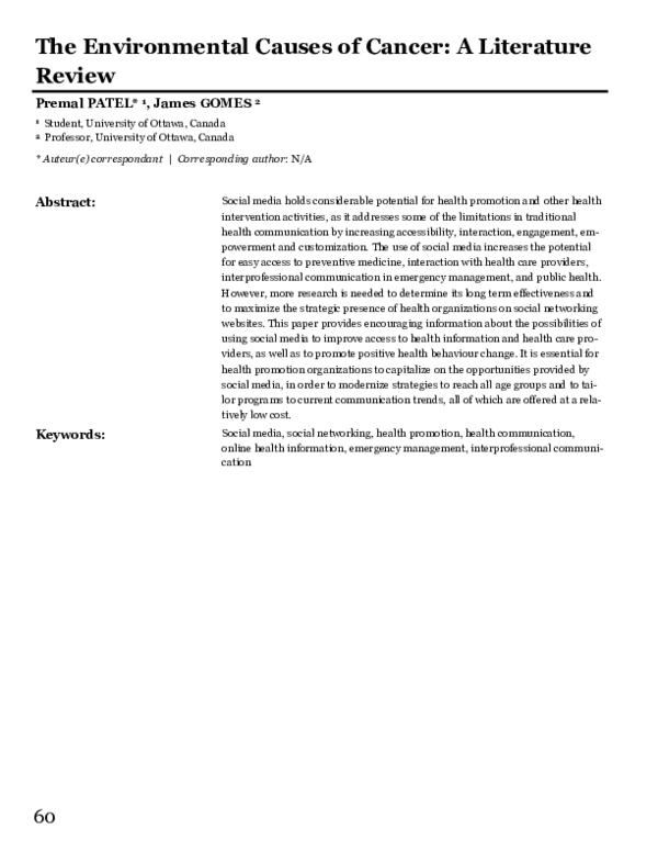 (PDF) The Environmental Causes of Cancer: A Literature Review