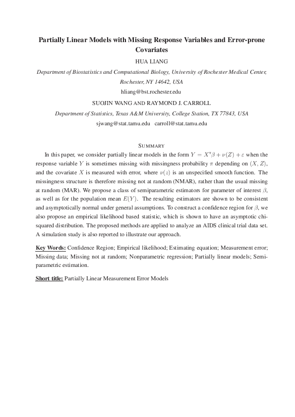 (PDF) Partially linear models with missing response variables and error ...