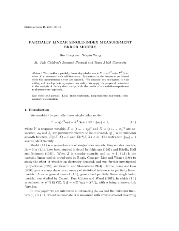 Pdf Generalized Partially Linear Measurement Error Models