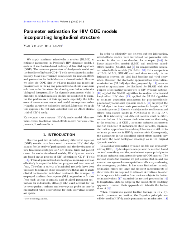 (PDF) Parameter estimation for HIV ODE models incorporating longitudinal structure