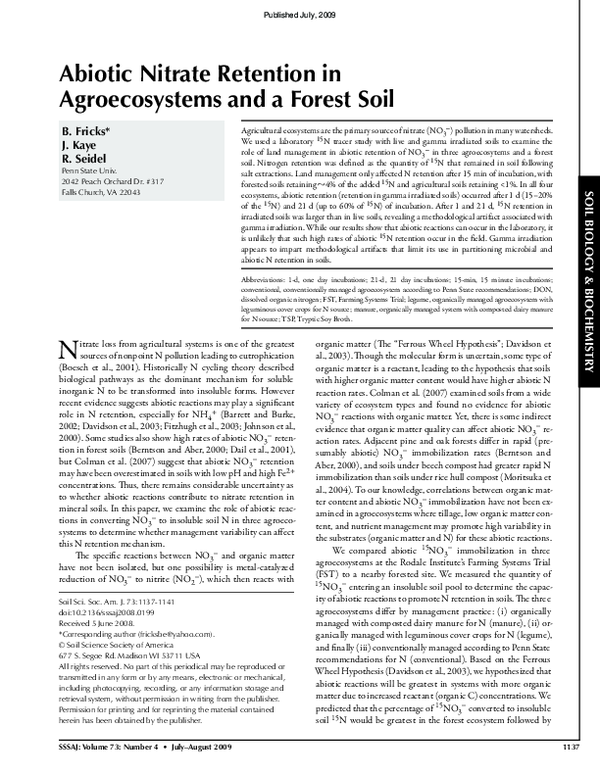 (PDF) Abiotic Nitrate Retention in Agroecosystems and a Forest Soil