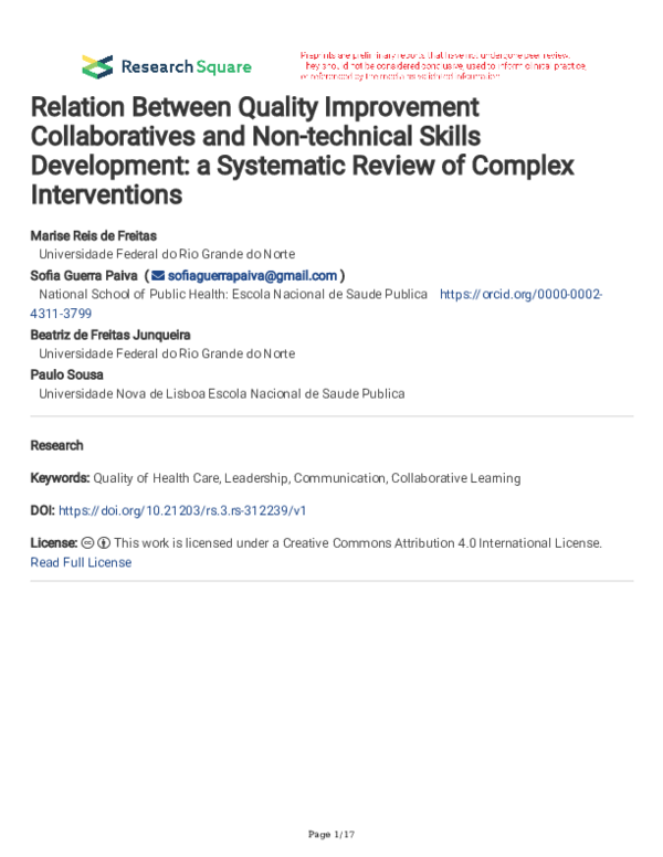 (PDF) Relation Between Quality Improvement Collaboratives and Non-technical Skills Development ...