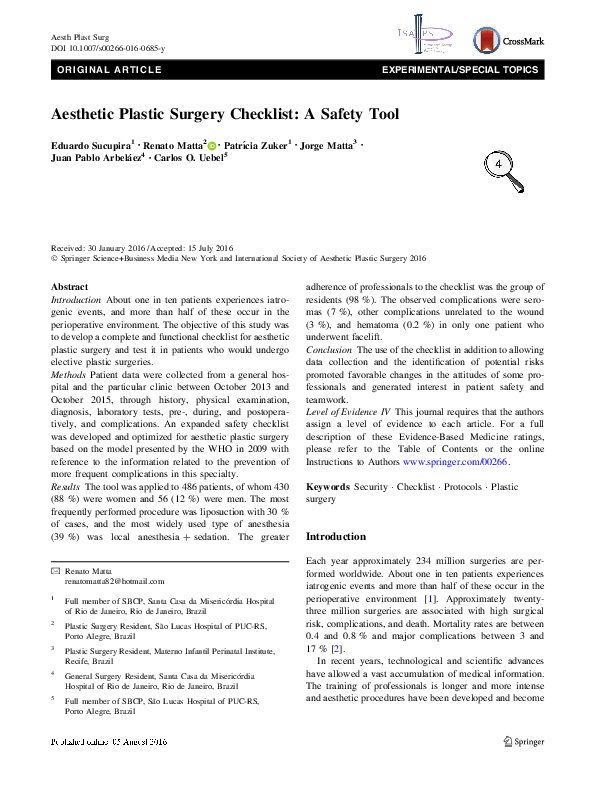 (PDF) Aesthetic Plastic Surgery Checklist: A Safety Tool